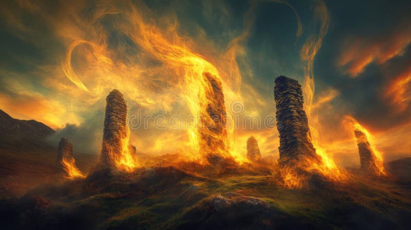 Stone Pillars Engulfed in Ethereal Fire Stock Illustration ...