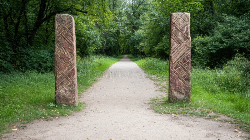 Stone Pillars Mark a Path through a Lush Forest. Stock Illustration ...