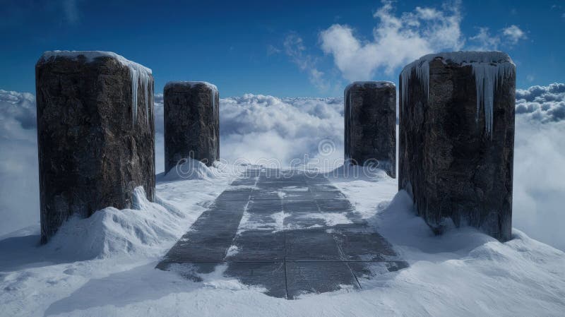 Stone Pillars on a Snow Covered Path Above the Clouds Stock ...
