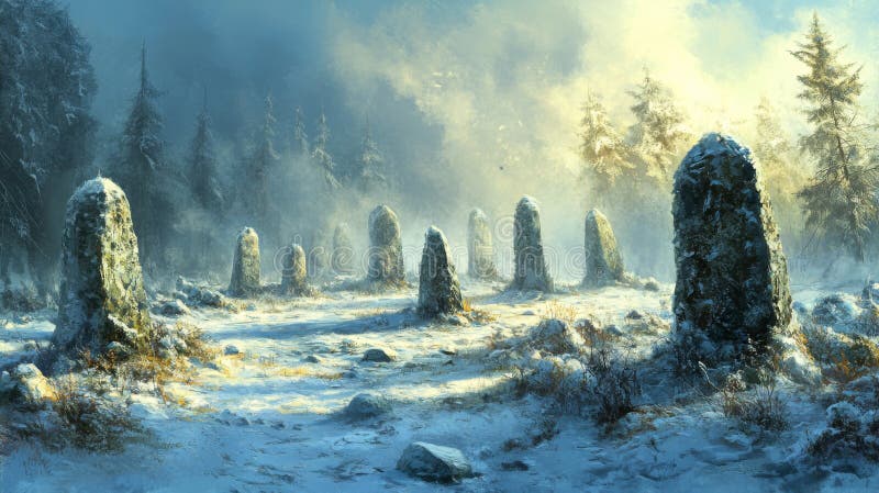 Stone Pillars in a Snowy Forest Clearing Stock Illustration ...