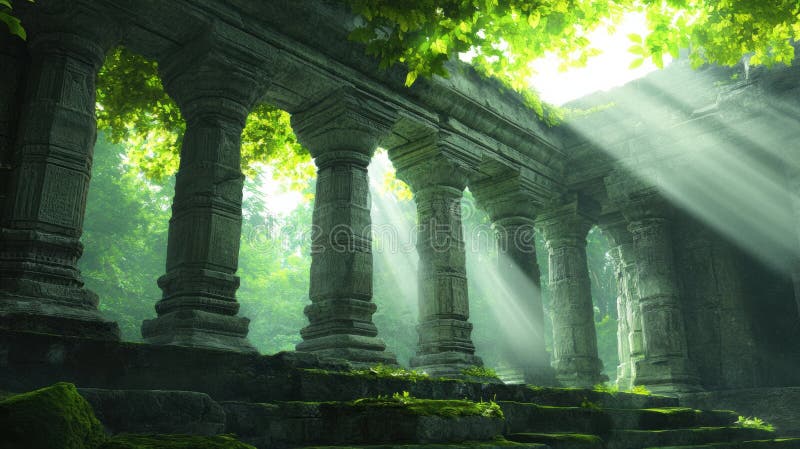 A Stone Pillars with Sunlight Shining through the Trees, AI Stock Photo ...