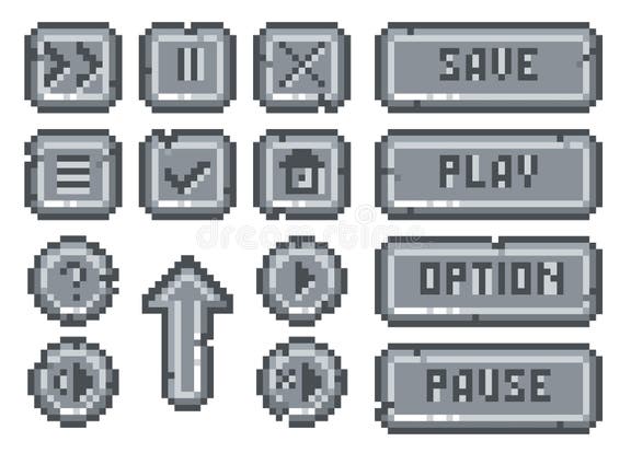 Stone Pixel Buttons. Retro Game Asset, 8 Bit Graphic Elements ...