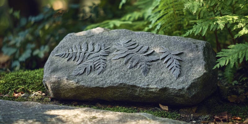 Stone with plant etching stock image. Image of design - 373232355