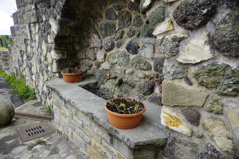 Stone Planters on Weathered Stone Wall Stock Photo - Image of nature ...