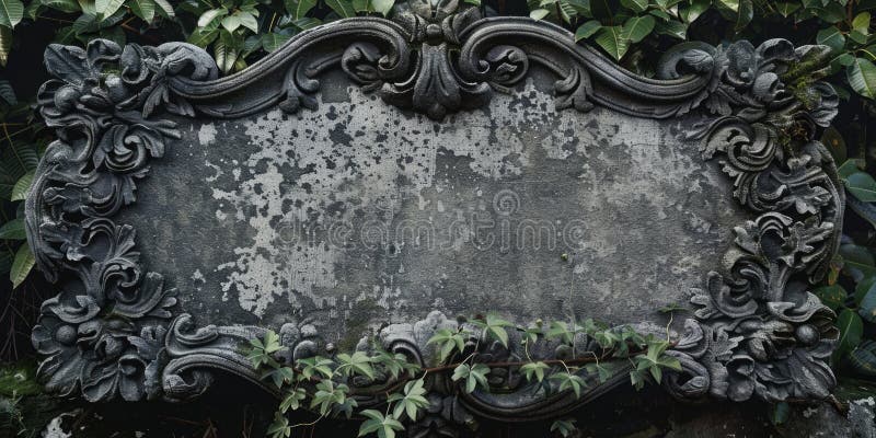 A Stone Plaque Covered in Vines and Foliage Stock Photo - Image of ...