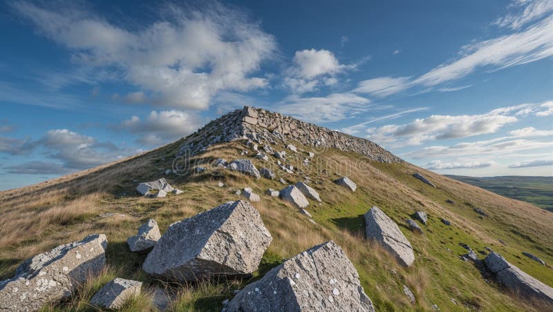 Stone Plateau Rising Above Grassland Slope with Broken Rock and Open ...