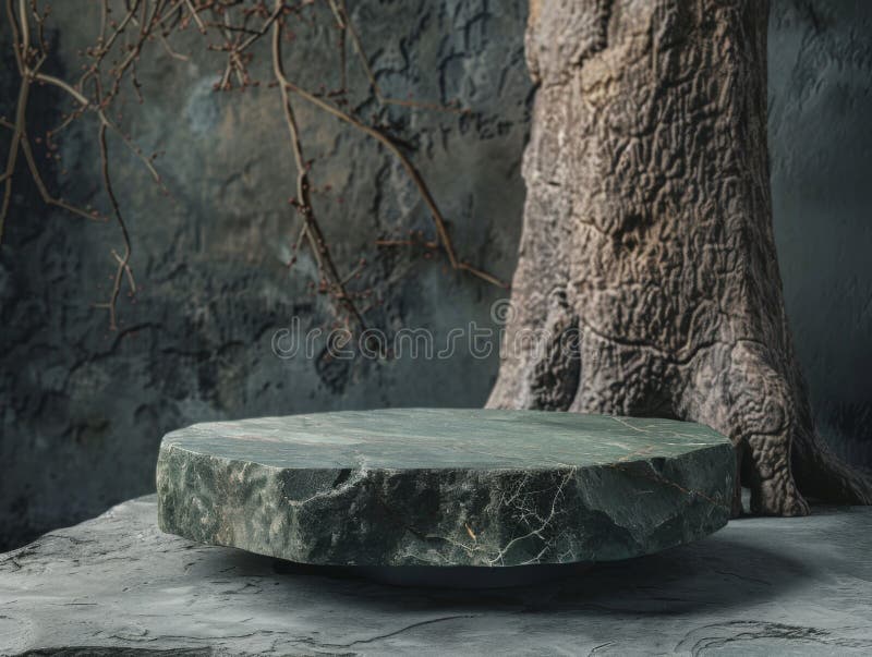 Stone Platform in Front of a Tree Trunk and Stone Wall Stock ...