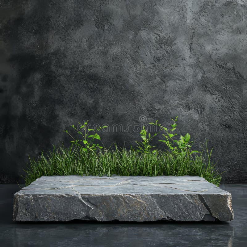 Stone Platform with Grass and Plants on Black Background. 3d Render ...