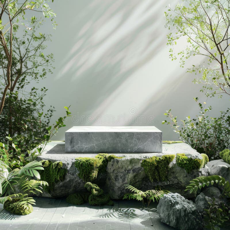 Stone Platform with Green Foliage and Sunlight Stock Illustration ...