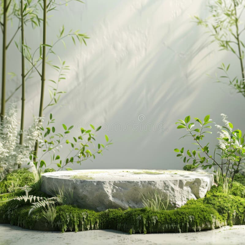 Stone Platform with Greenery and White Wall Background Stock ...
