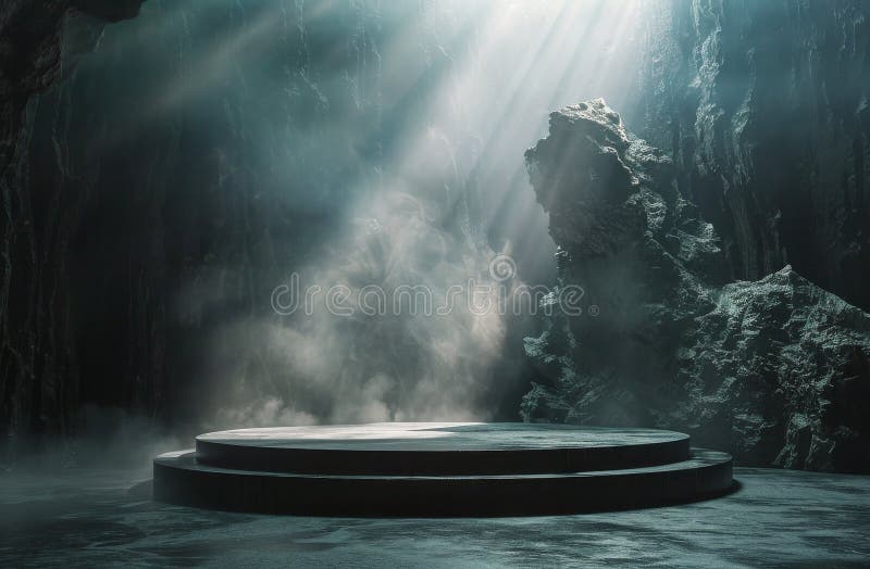 Stone Platform with Light Rays in a Dark Cave Stock Image - Image of ...