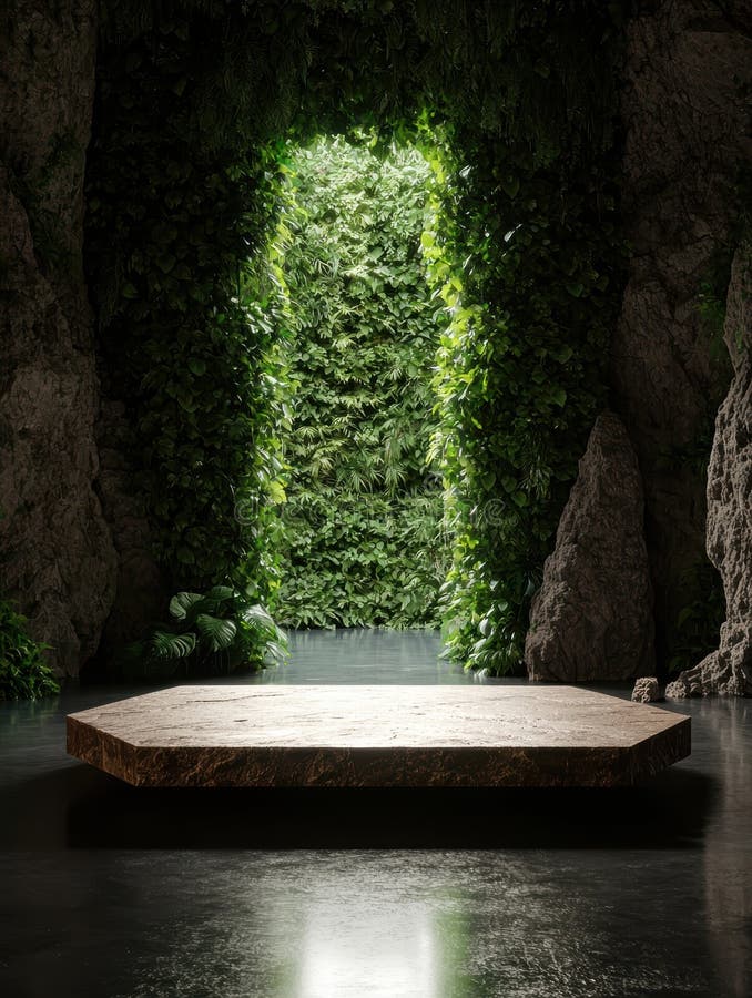 A Stone Platform in a Lush, Green Cave with Water. Stock Illustration ...