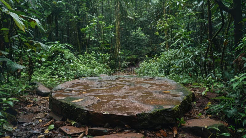 Stone Platform in a Lush Rainforest with Wet Foliage and a Path Leading ...