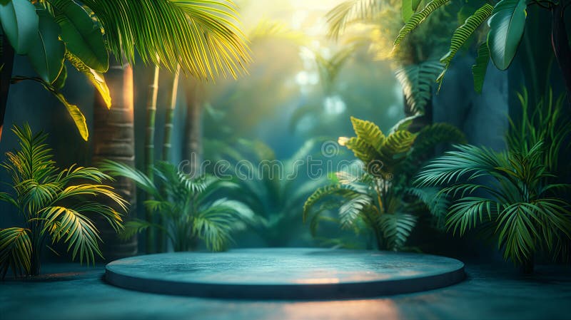 Stone Platform in Lush Tropical Rainforest with Morning Sunlight ...