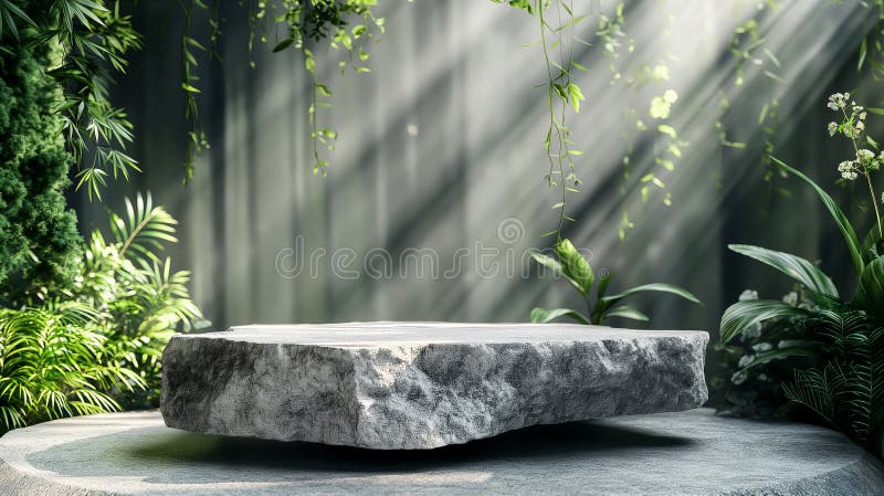 Stone Platform in Lush Tropical Rainforest with Morning Sunlight ...