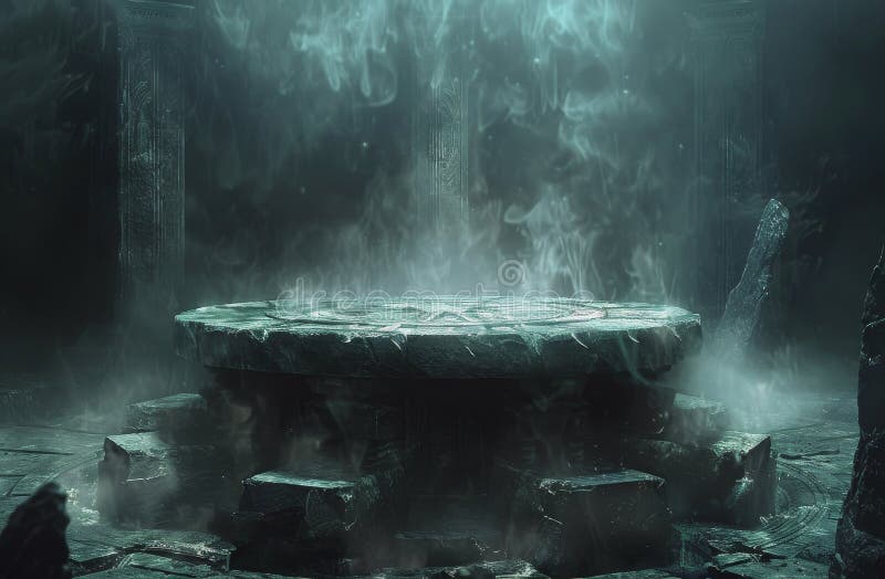 Stone Platform in a Mysterious Cave with Light and Mist Stock Image ...