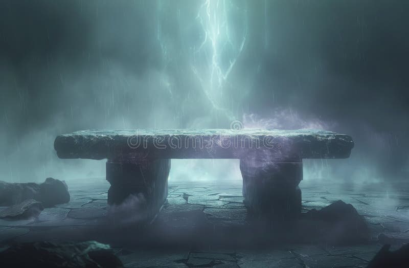 Stone Platform in a Mysterious Cave with Light and Mist Stock Photo ...