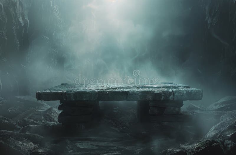 Stone Platform in a Mysterious Cave with Light and Mist Stock Image ...