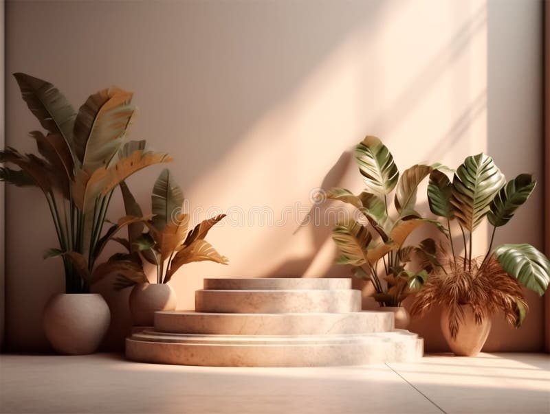 A Stone Platform Podium with Many Plants and Side Light through a Large ...