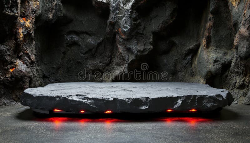Stone Platform with Red Lights Inside of a Dark Cave Stock Illustration ...