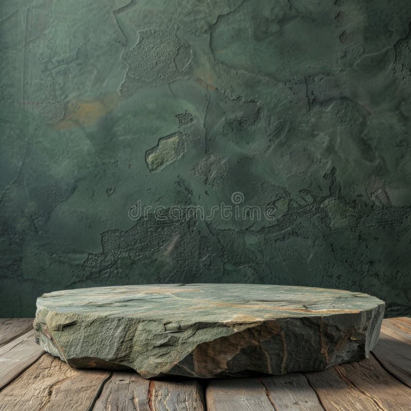 Stone Platform on Rustic Wooden Surface with Green Textured Wall ...