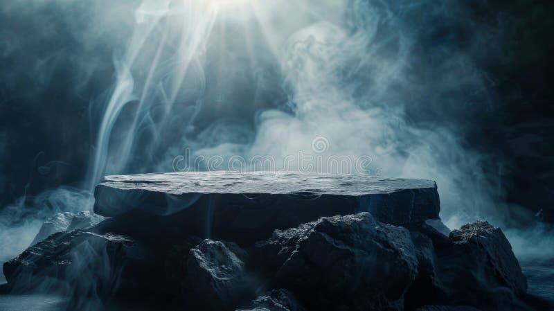 Stone Platform with Smoke and Light Rays in a Dark Setting Stock Photo ...
