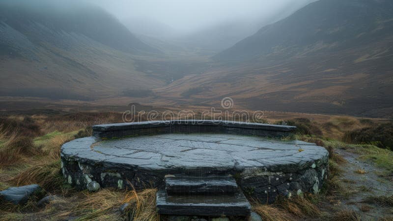 A Stone Platform with Steps in a Misty Mountain Valley Stock ...
