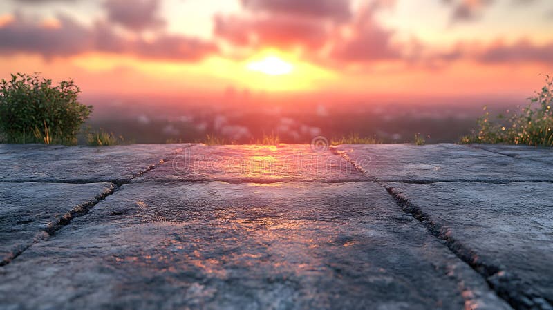 Stone Platform Sunset Background - 3D Render Stock Illustration ...