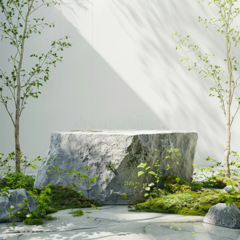 Stone Platform Surrounded by Greenery Against a White Wall Stock ...