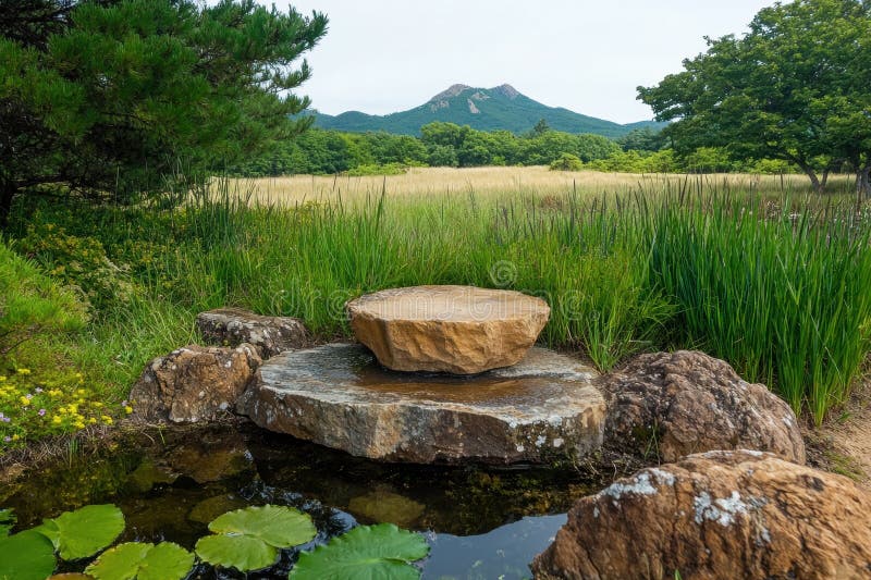 Stone Platform by Tranquil Pond with Mountain View Stock Illustration ...