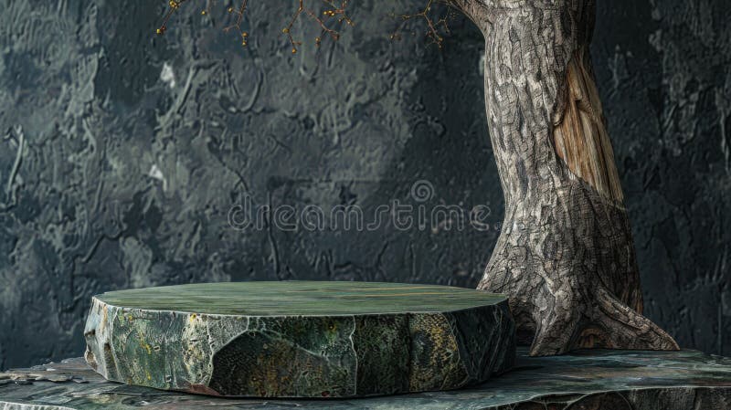 Stone Platform with Tree Trunk and Gray Background Stock Illustration ...