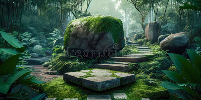 Stone Platform in Tropical Green Forest for Product Presentation Stock ...