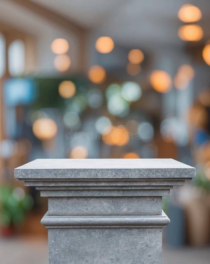 Stone Podium with Flat, Empty Top Sits in Front of Blurred Indoor ...