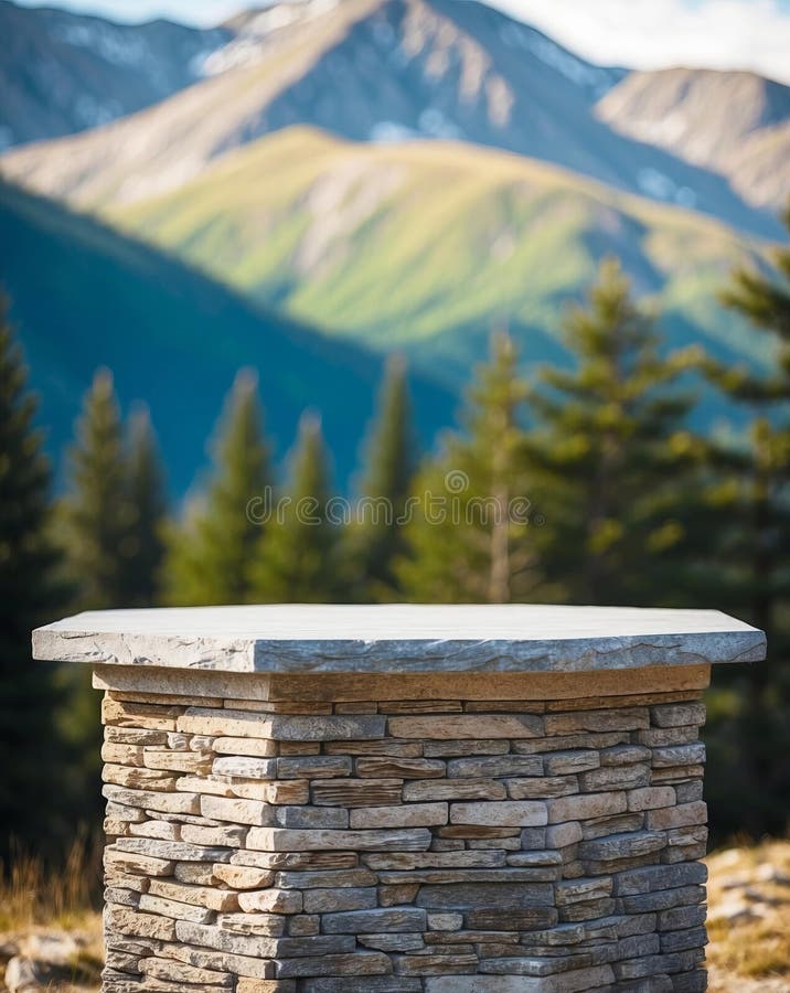 Stone Podium with Flat Top Sits in Natural Setting, Mountain Range in ...