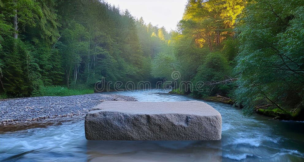 Stone Podium in the Middle of a Green Forest Stream with a Refreshing ...