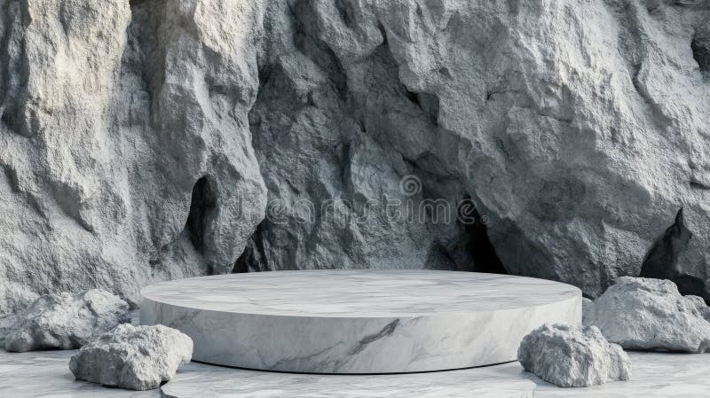 Stone Podium on Uneven Platform, Smooth Texture Contrasts Rocky Surface ...