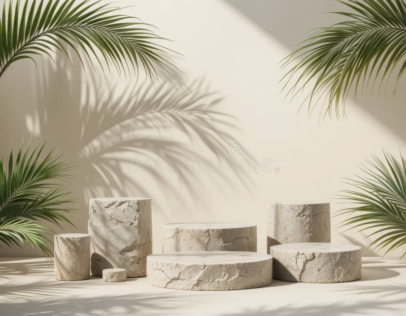 Stone Product Display Platforms with Tropical Palm Leaf Shadow Backdrop ...