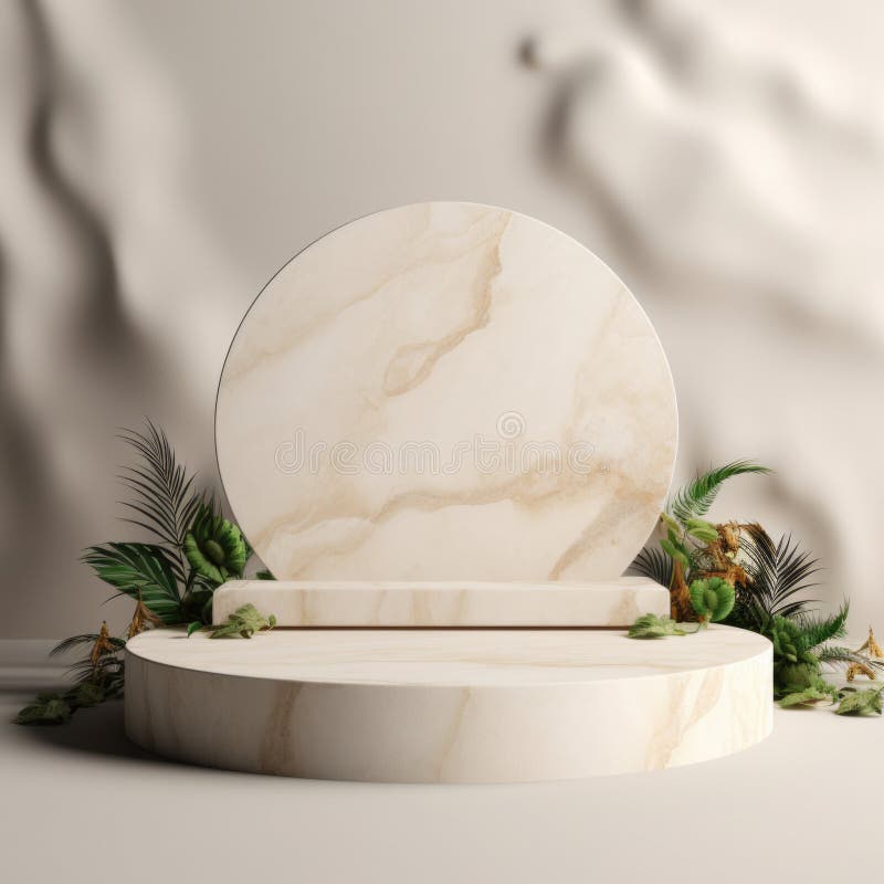 Stone Product Display Podium with Nature Leaves on Brown Background ...