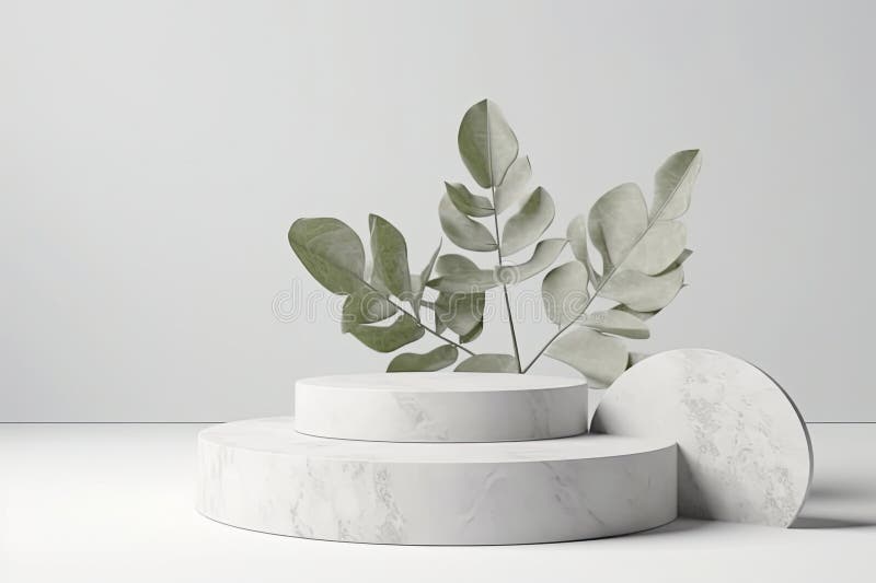 Stone Product Display Podium with Nature Leaves on White Background. 3D ...