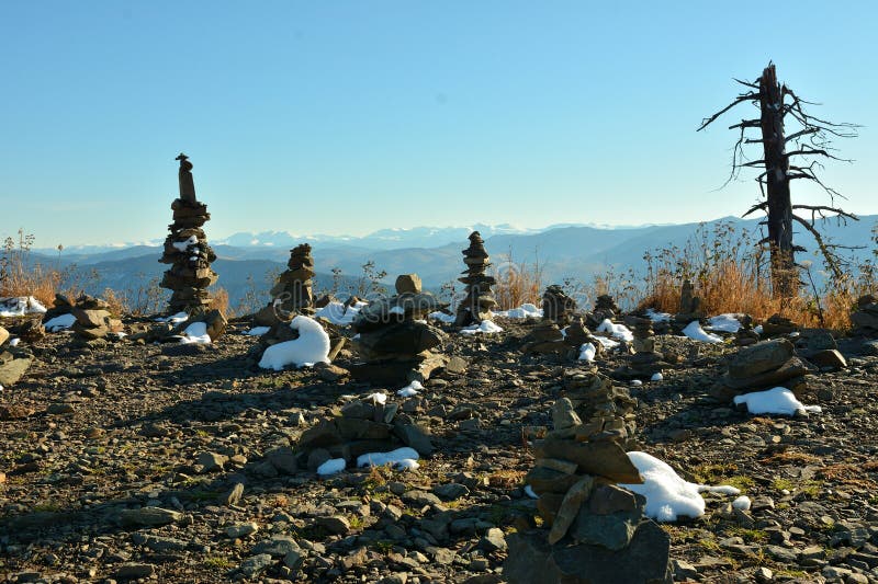 Stone Pyramids Built by Tourists on Mount Kuhovuori. Stock Image ...
