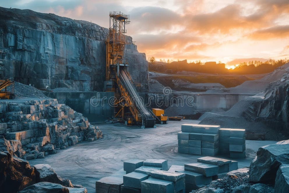 Stone Quarry Machinery Processing Rocks at Sunset Stock Illustration ...