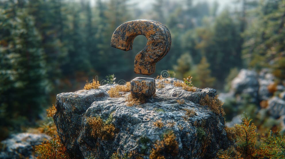 Stone Question Mark on a Rocky Outcrop Overlooking a Forest Stock Photo ...