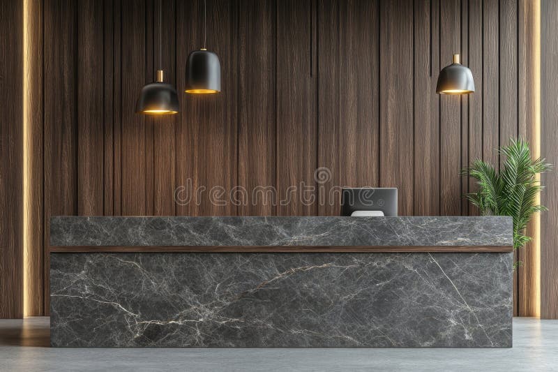 Stone Reception Desk with Computer, Wooden Walls in Modern Office ...