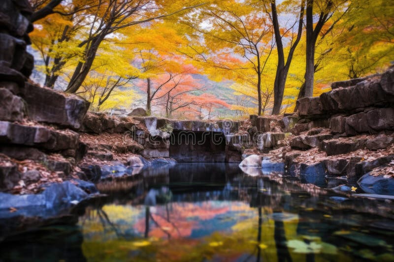 Stone Rim of a Hot Spring with Autumn Leaves Stock Photo - Image of ...