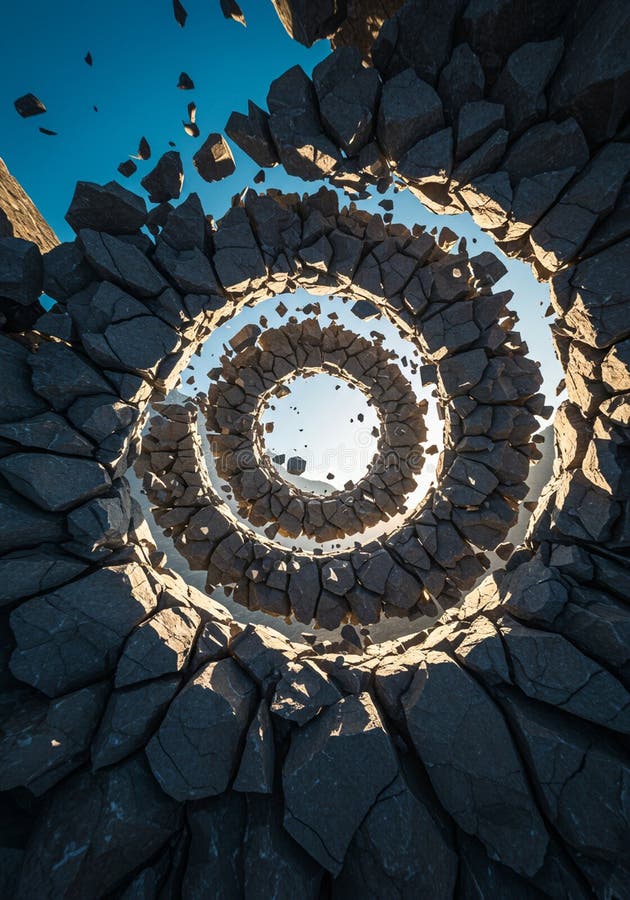 Stone Rings Levitating in a Spiral Pattern Create a Vortex Effect Against a Clear Blue Sky ...