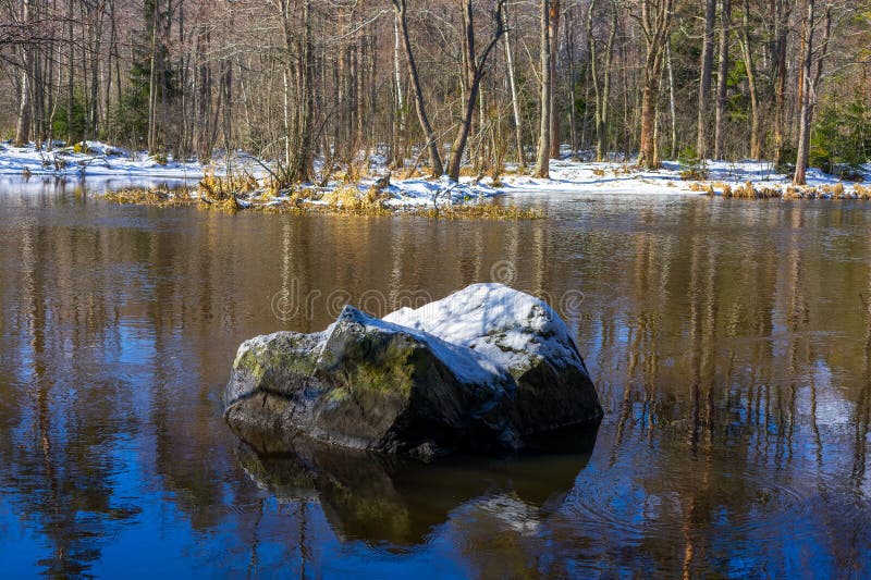 A Stone in a River Covered with Snow in Spring Stock Photo - Image of ...