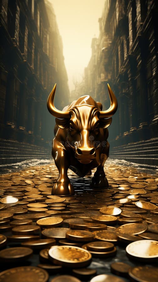 A Stone Road Featuring a Bull Statue Surrounded by Scattered Coins ...