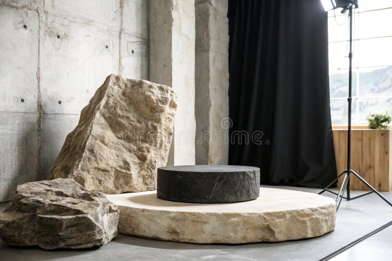 Stone Rock Podium with Black Background, Interior Studio Room Concrete ...