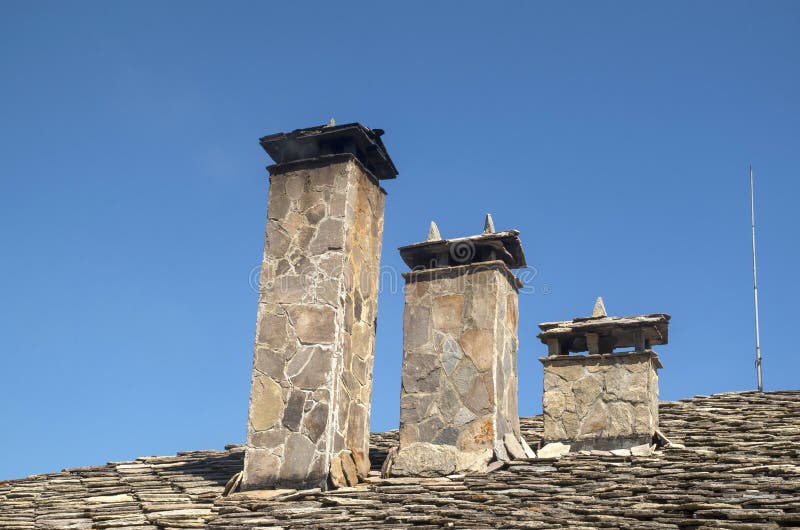 Stone Roof with Three Chimneys Close Stock Image - Image of detail, rooftop: 287717653
