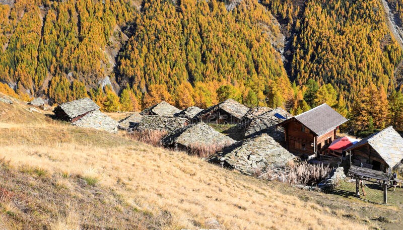 Stone-roofed Cattle Huts among the Alps Mountains Stock Photo - Image ...